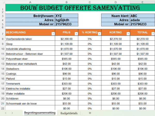 Excel-sjabloon voor bouwbegroting – Gratis download Excel-sjabloon ...